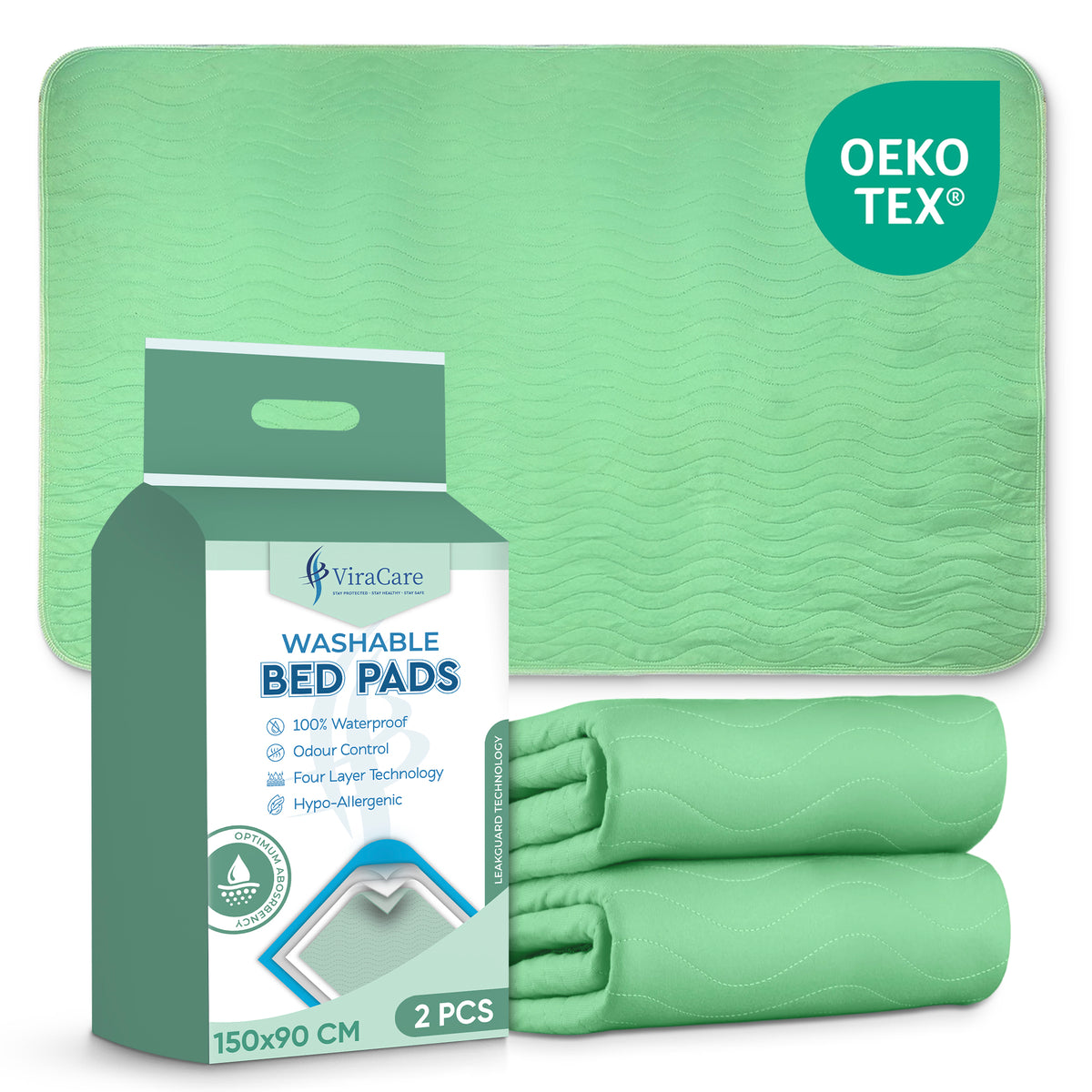 Green Incontinence Bed Pads: 150x90 cm, Washable, without Tucks/Flaps ...